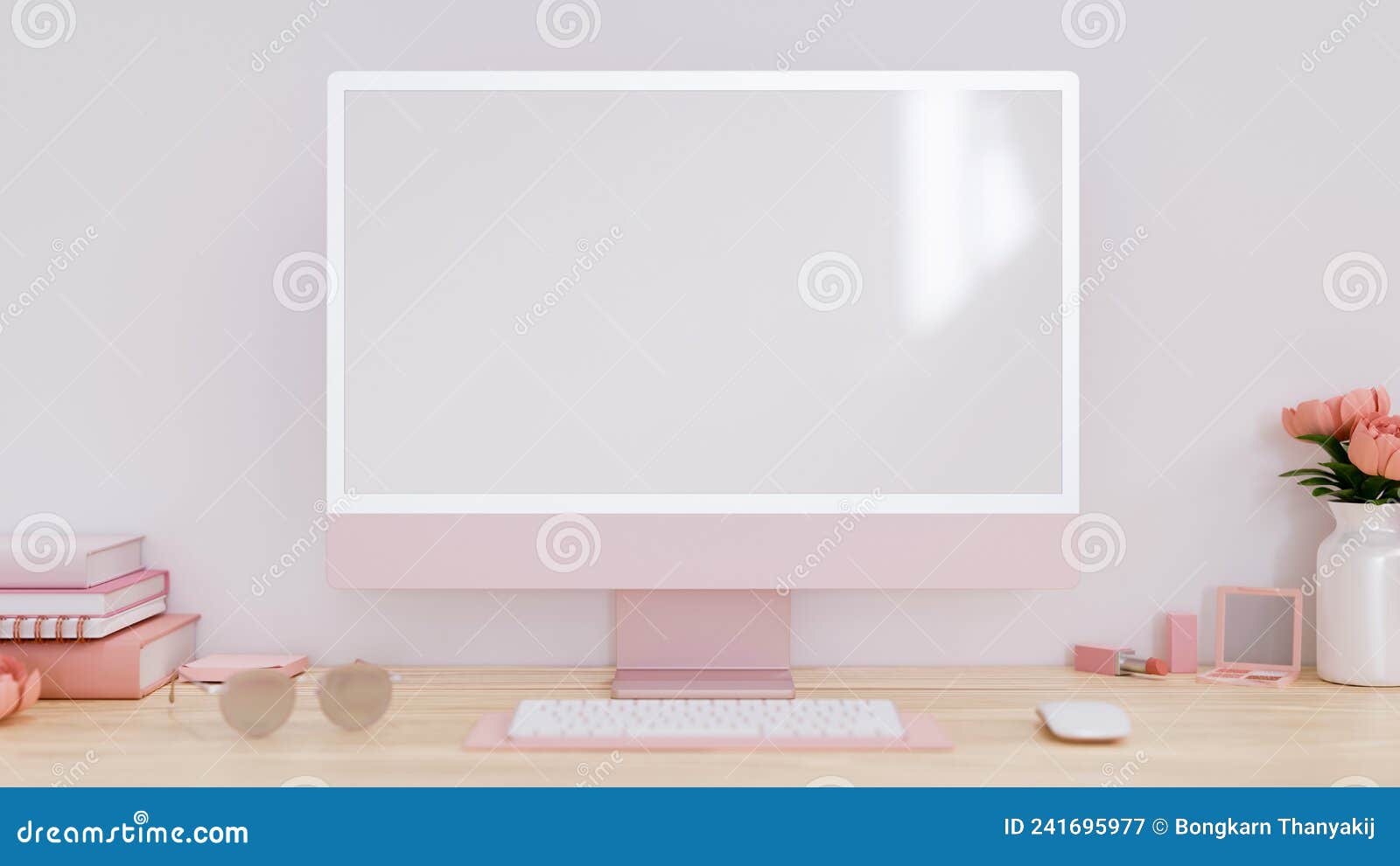 Stylish Workspace with Modern Pink Desktop Computer Mockup Stock ...