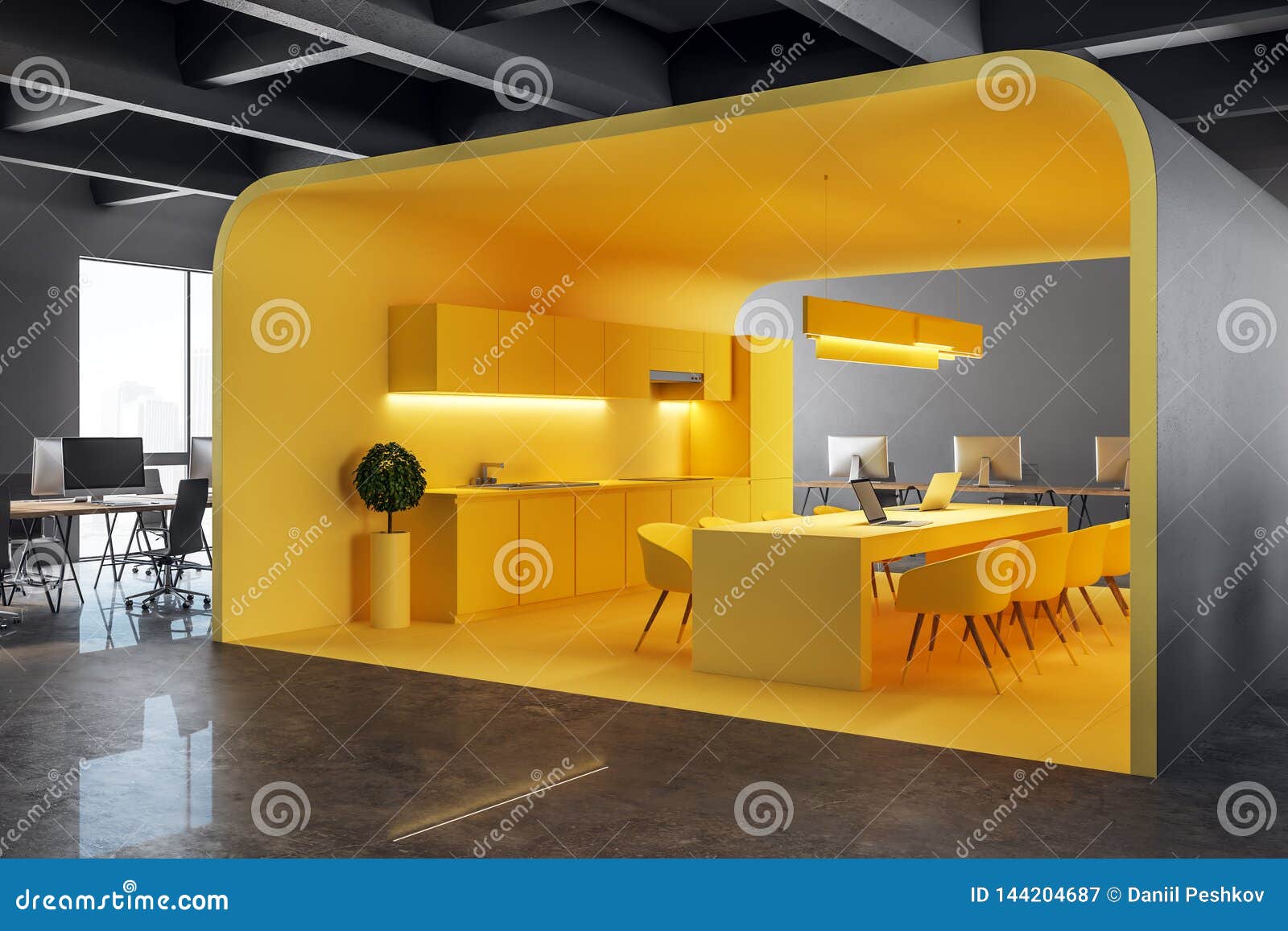 Stylish Yellow Office Kitchen Stock Image - Image of indoor ...