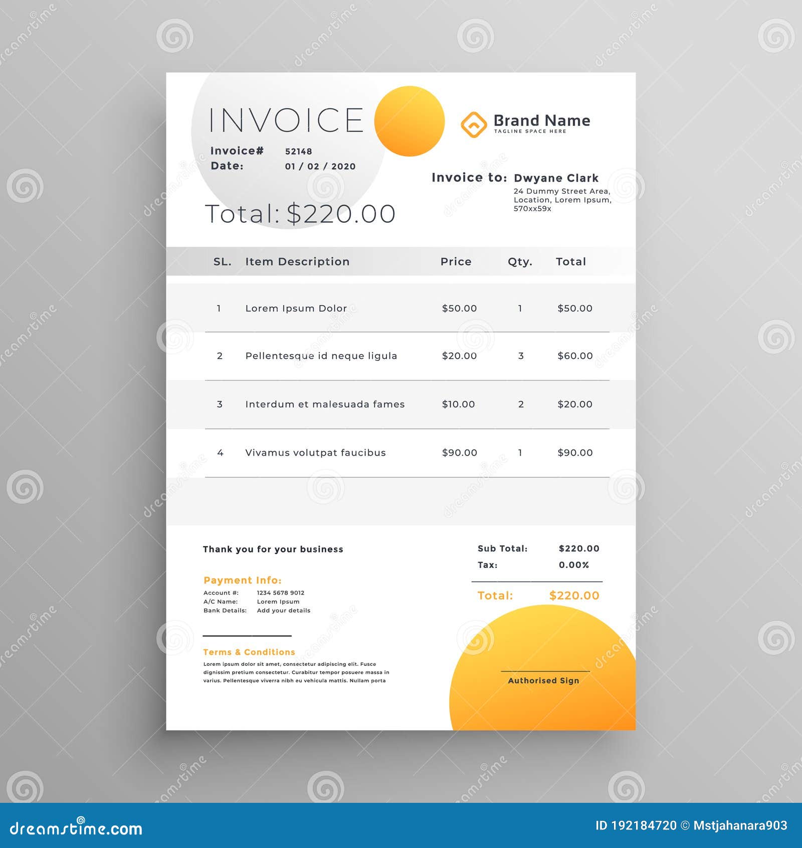 Stylish Yellow Vector Invoice Template Stock Vector - Illustration of ...