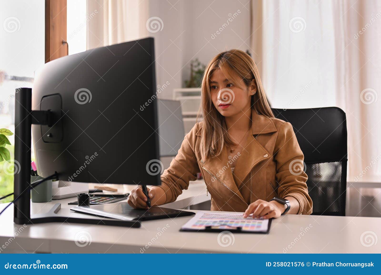 Stylish Young Creative Woman Using Graphic Tablet, Working for Design ...