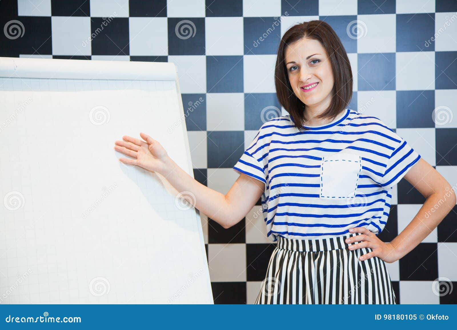 Stylish Young Lady Pointing at Empty Board Stock Image - Image of floor ...