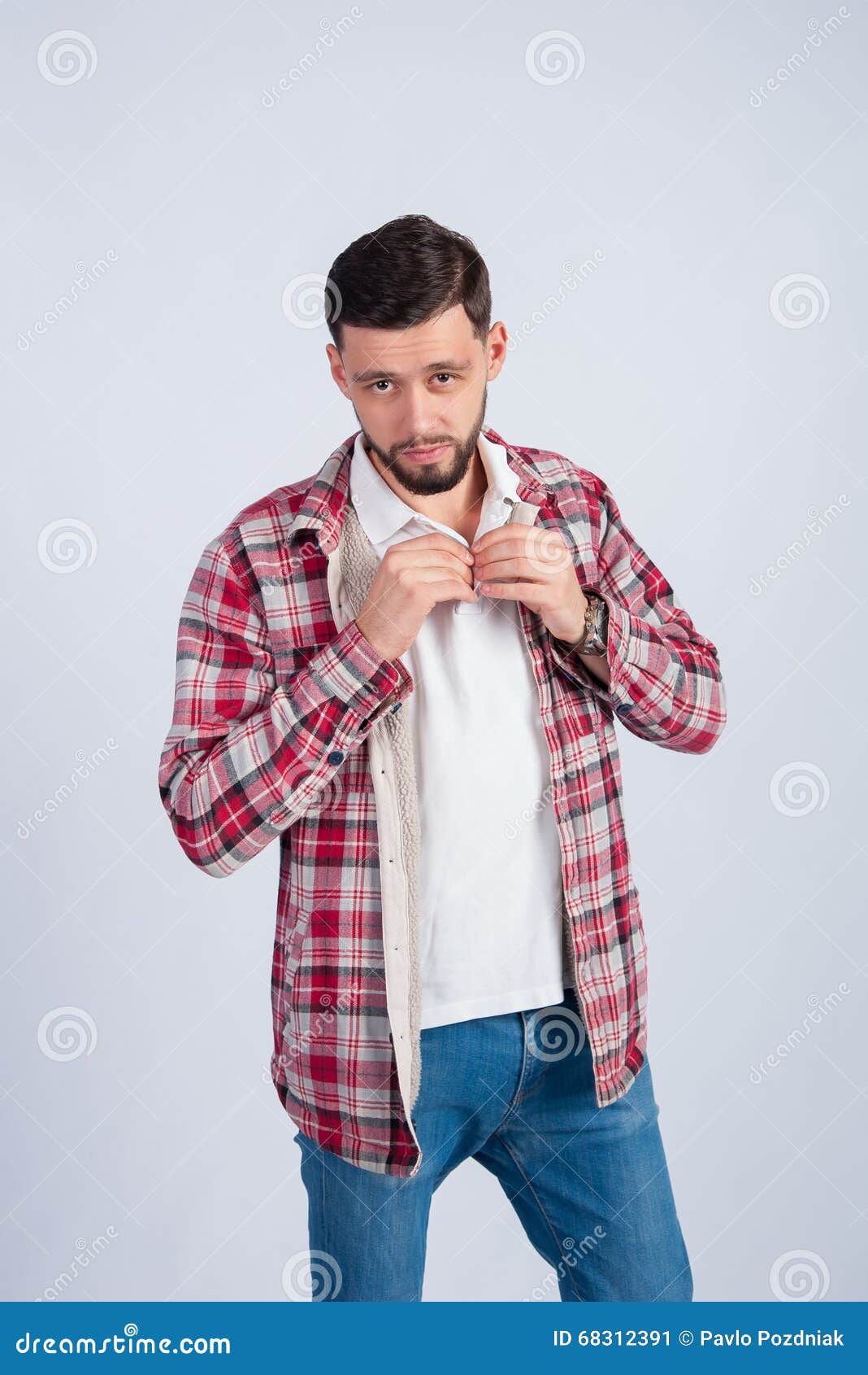 Stylish Young Man Buttons Shirt Stock Image - Image of model, jeans ...