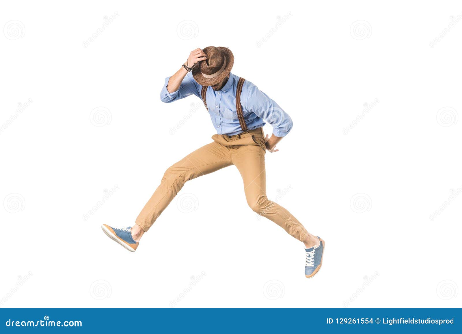 Stylish Young Man in Hat Jumping Stock Photo - Image of handsome, adult ...