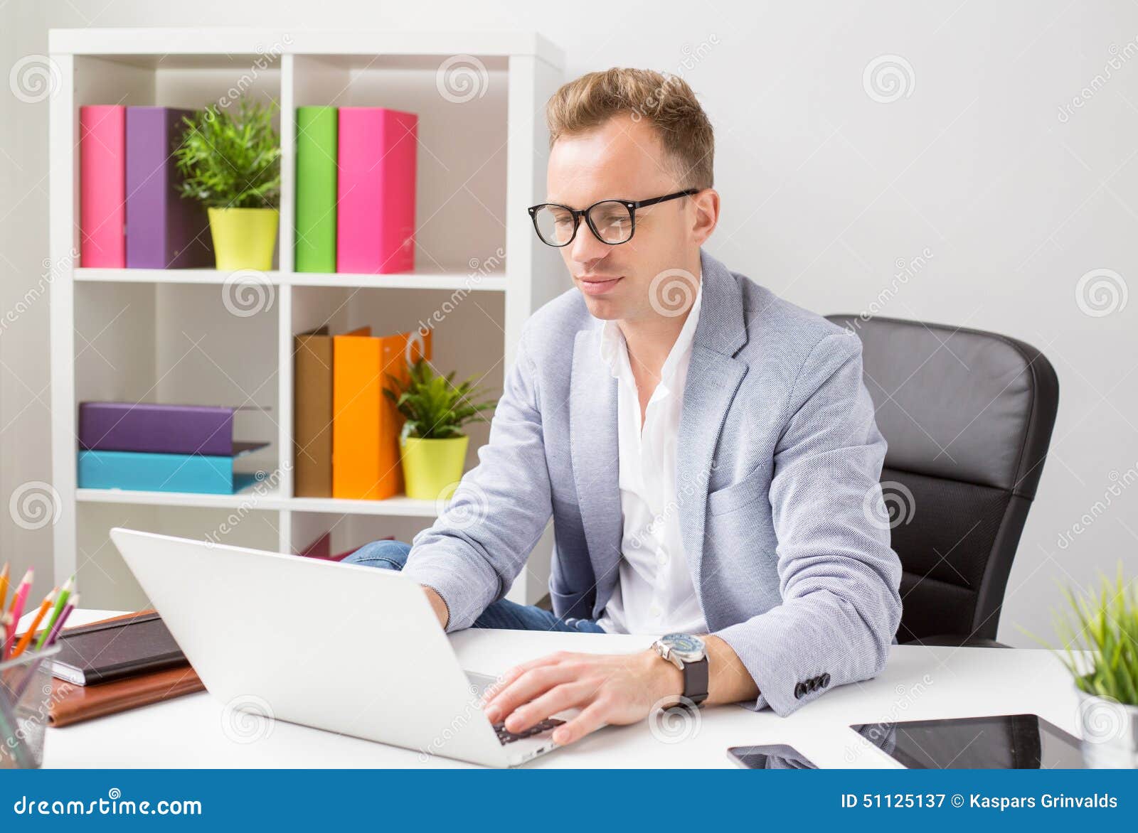 Stylish Young Man Working with Computer in Office Stock Image - Image ...