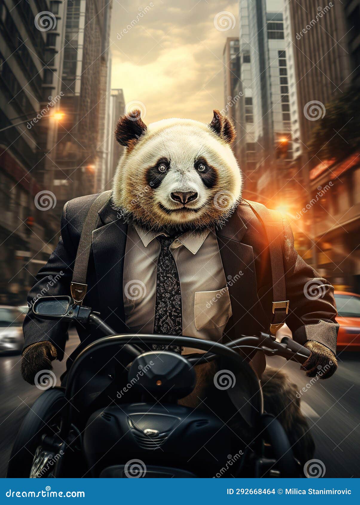 A Stylishly Dressed Panda Hitting the Road on a Motorcycle Stock ...