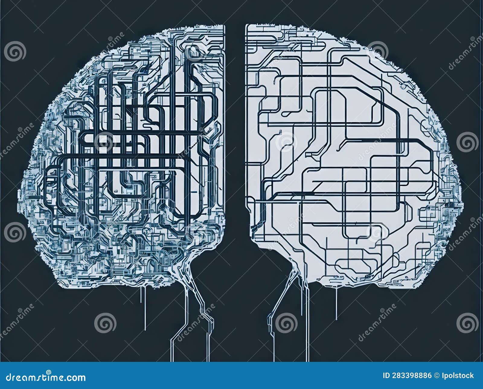 Stylized Abstract Modern Drawing of Human Brain with Wires and Cables ...