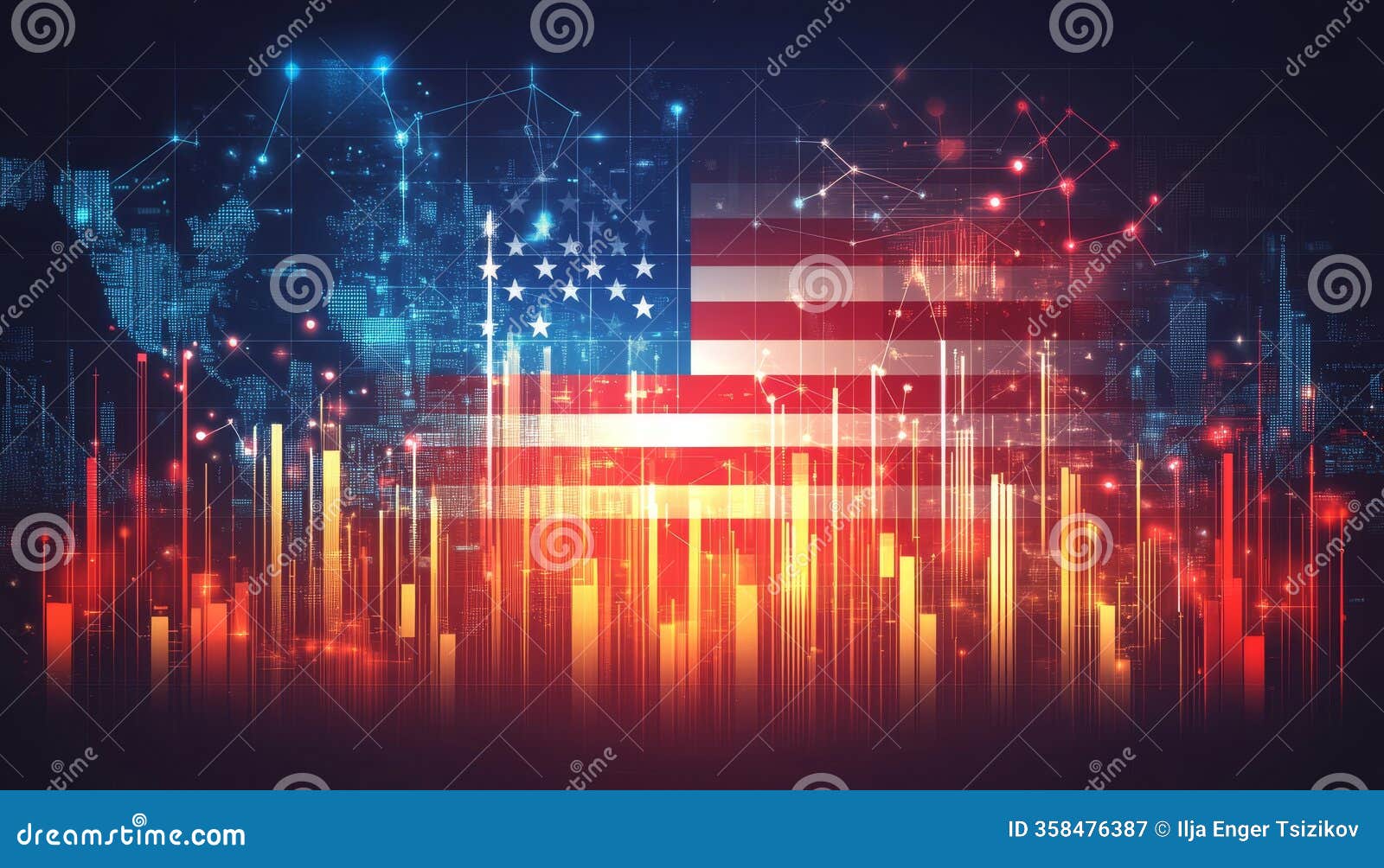 Stylized American Flag, Transparent Graph Lines, Dark Background ...
