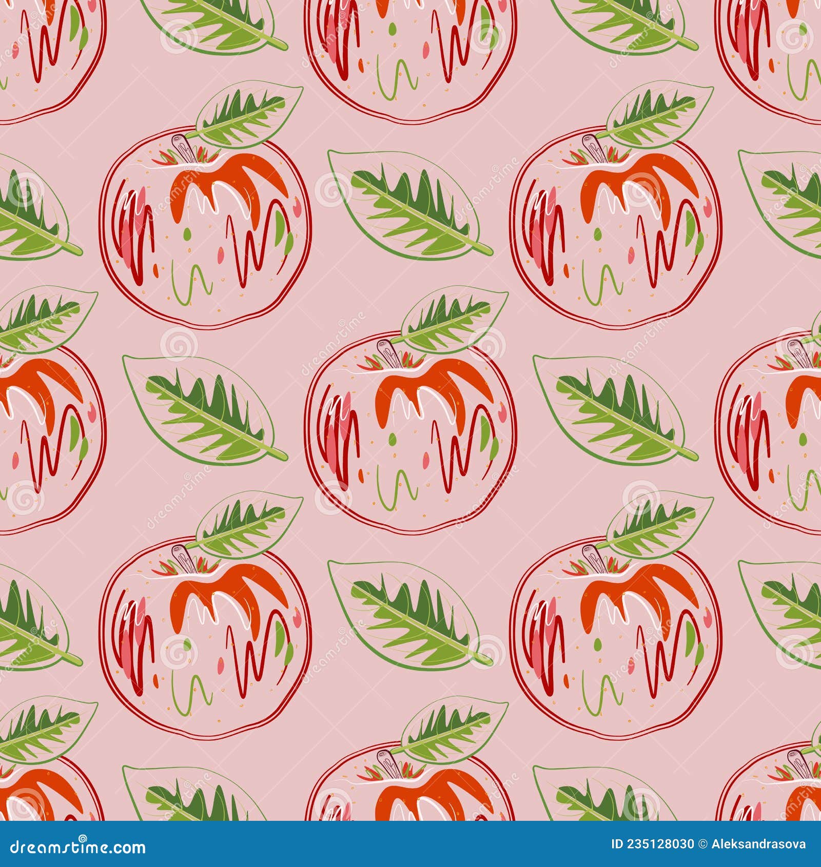 Stylized Apple Seamless Pattern. Trendy Red Apple with Green Leaf ...