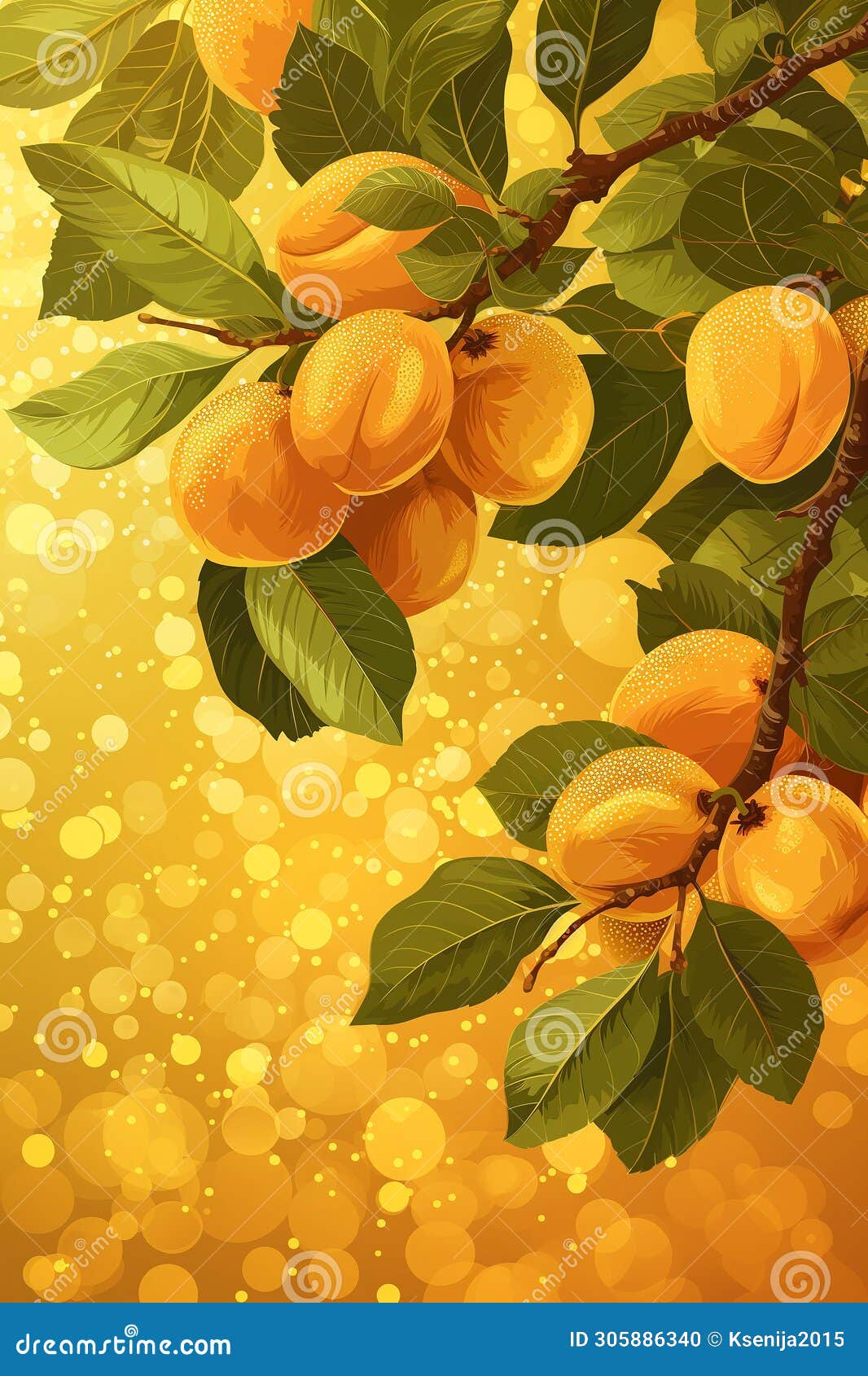 Stylized Apricot with Leaves on an Abstract Background Stock ...
