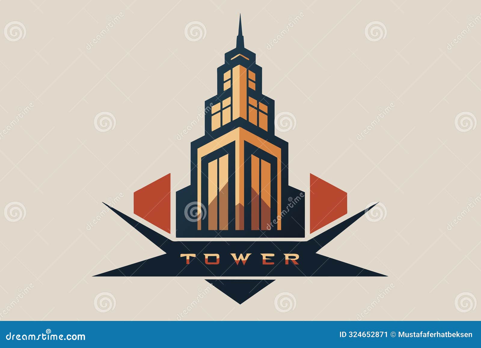 Stylized Art Deco Tower Illustration with Bold Typography Stock ...