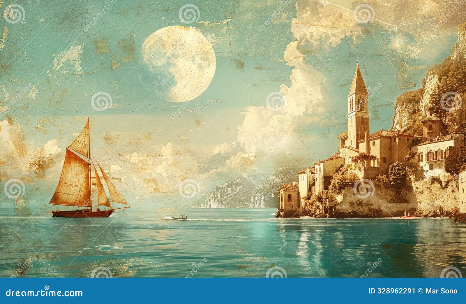 Stylized Artwork of a Coastal Town with Cliffs, Sea, and Clear Sky ...