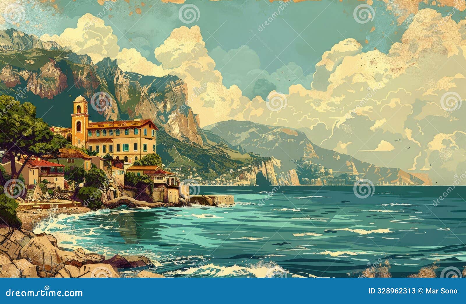 Stylized Artwork of a Coastal Town with Cliffs, Sea, and Clear Sky ...