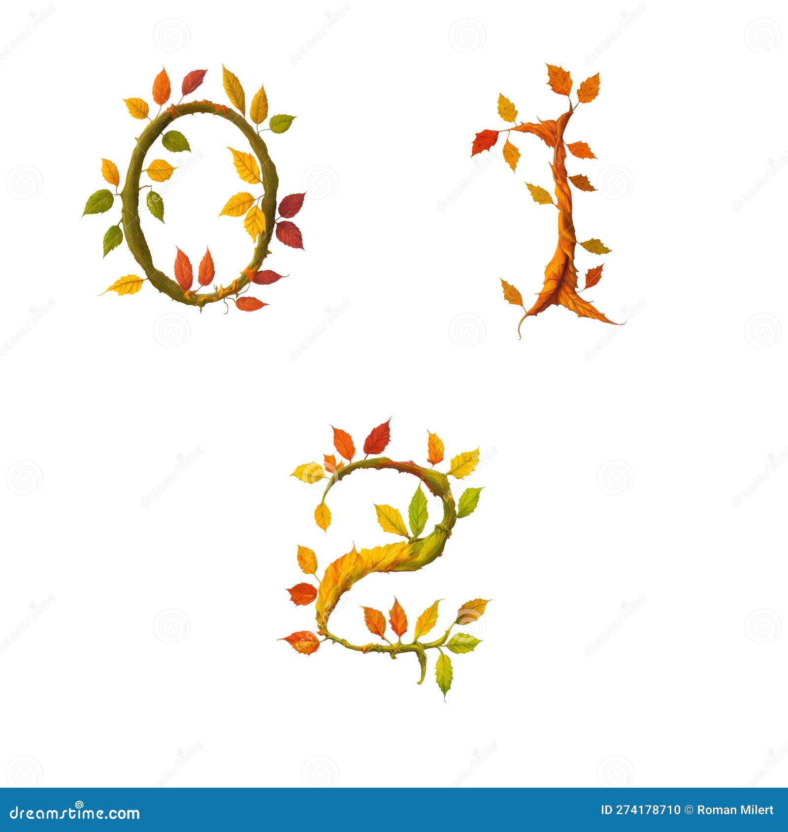 Stylized Autumn Leaf Tree Alphabet - Digits 0-2 Stock Illustration ...