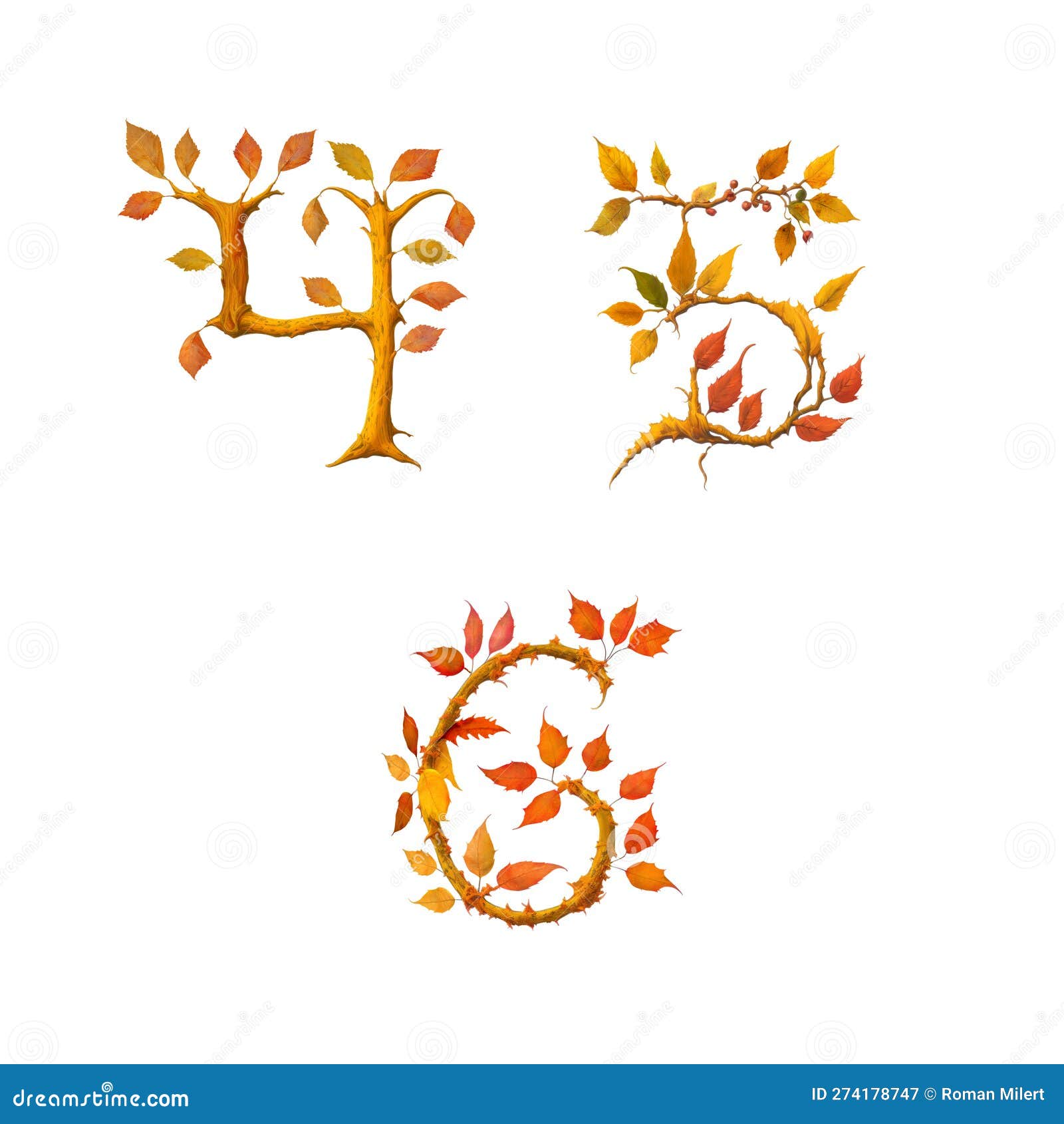Stylized Autumn Leaf Tree Alphabet - Digits 4-6 Stock Illustration ...