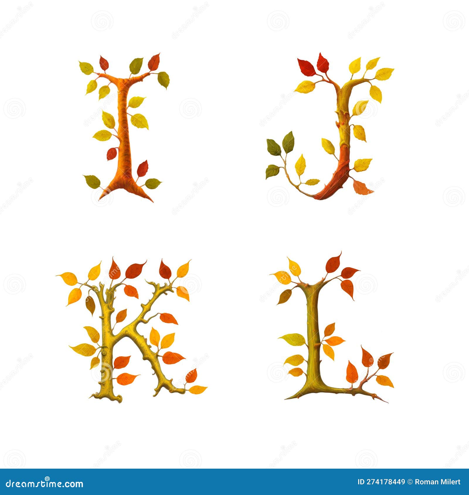 Stylized Autumn Leaf Tree Alphabet - Letters I-L Stock Illustration ...