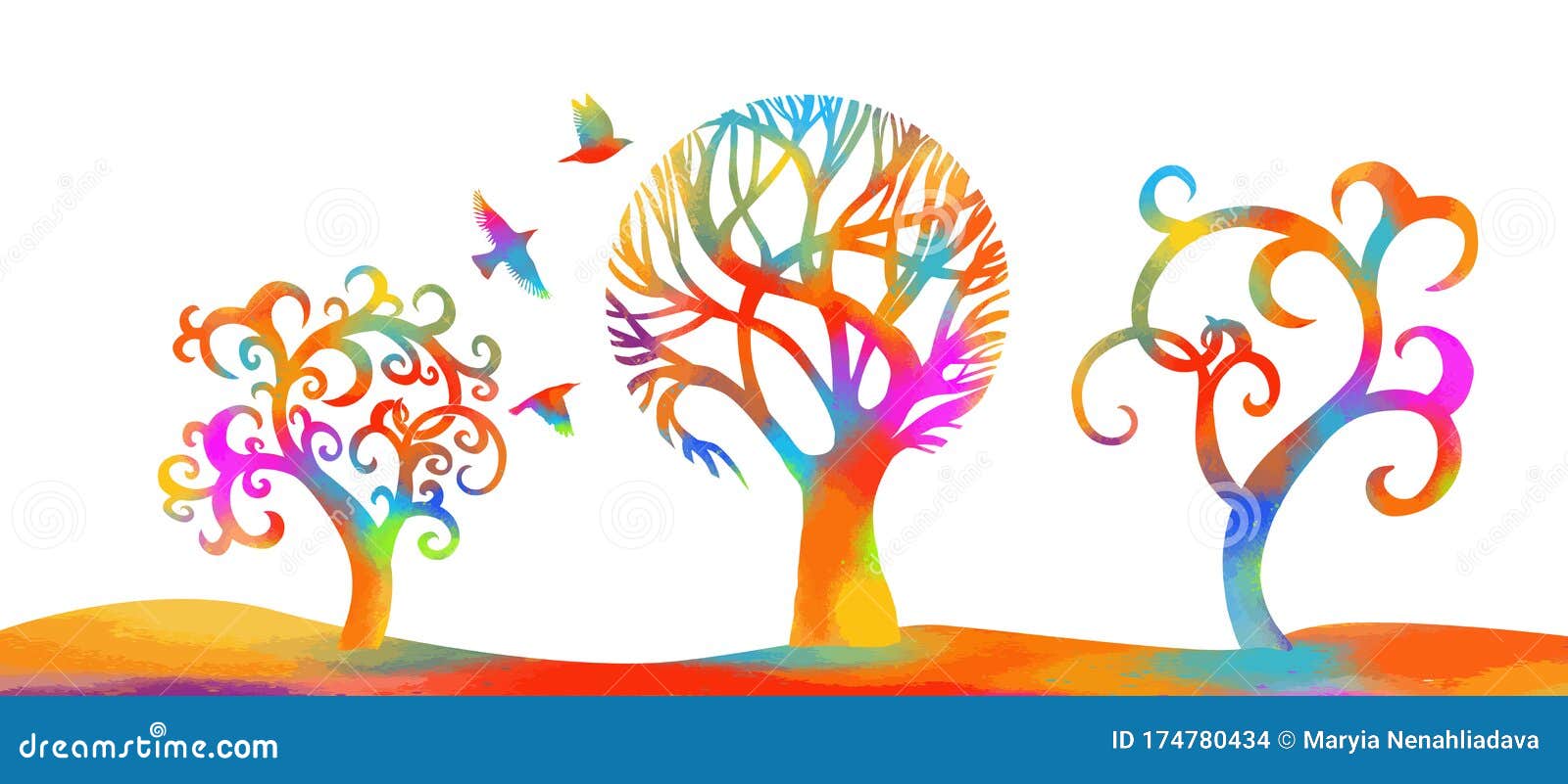 A Stylized Beautiful Multi-colored Tree with Birds. Mixed Media. Vector ...