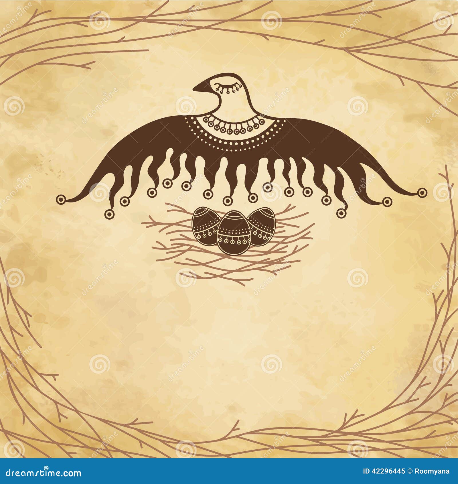 Stylized Bird Embraces Wings a Nest with Eggs Stock Vector ...
