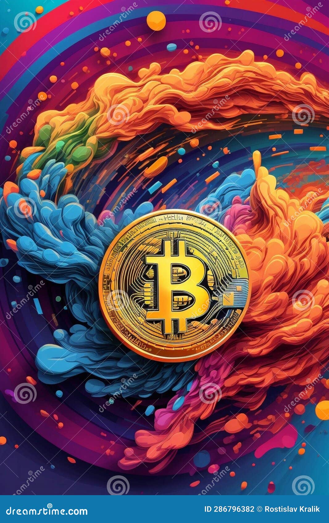 Stylized Bitcoin Coin Exploding Into A Burst Of Rainbow-hued Digital ...