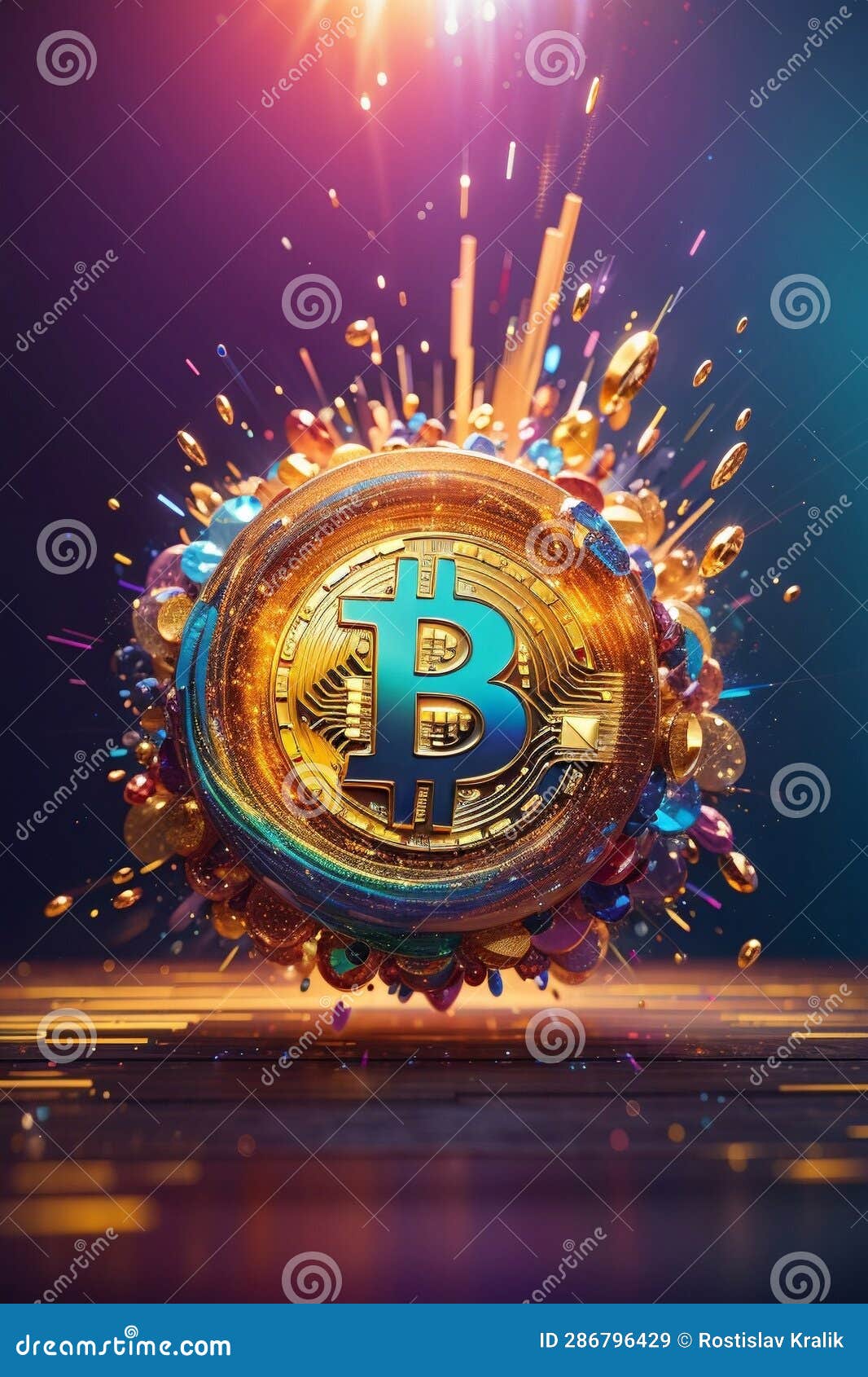Stylized Bitcoin Coin Exploding into a Burst of Rainbow-hued Digital ...