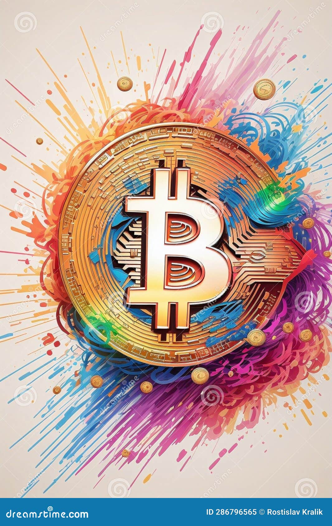 Stylized Bitcoin Coin Exploding Into A Burst Of Rainbow-hued Digital ...