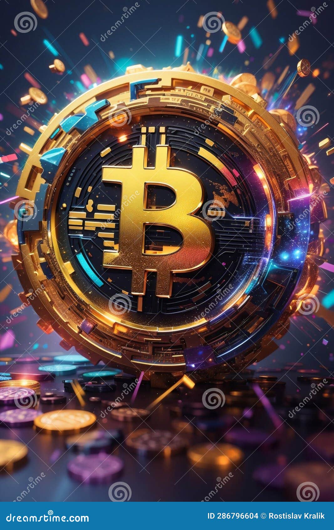 Stylized Bitcoin Coin Exploding Into A Burst Of Rainbow-hued Digital ...