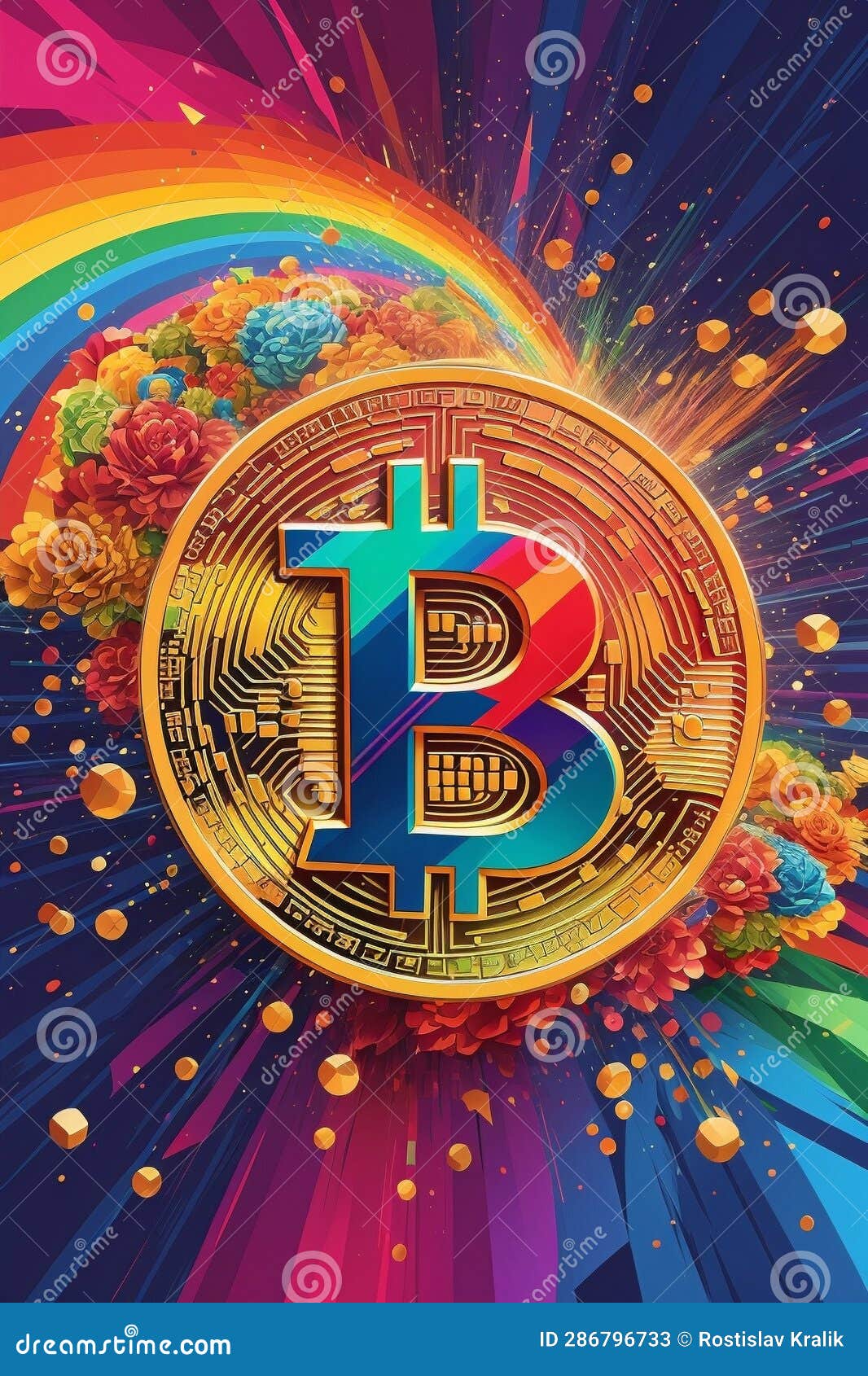 Stylized Bitcoin Coin Exploding Into A Burst Of Rainbow-hued Digital ...