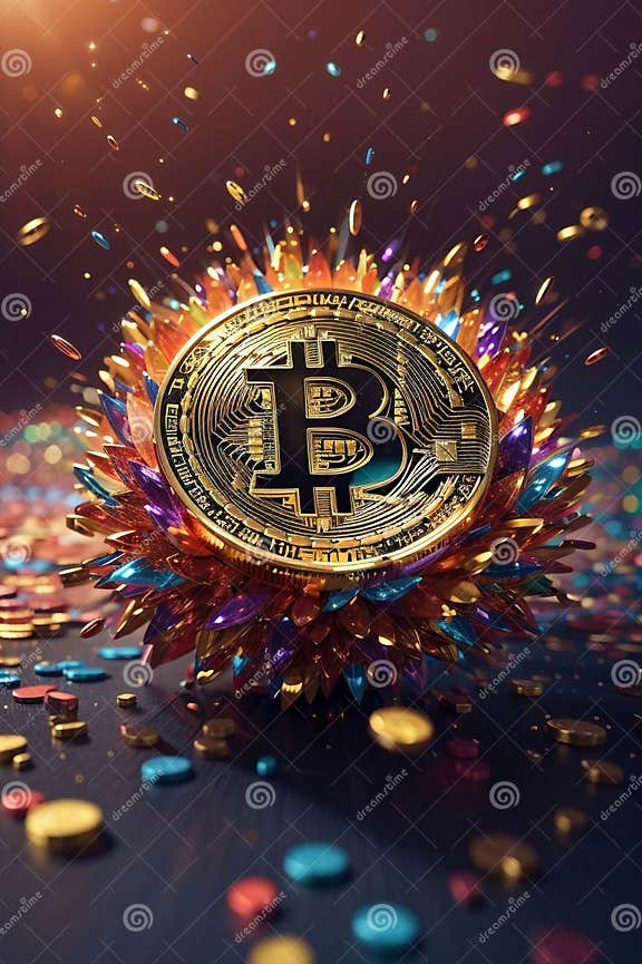Stylized Bitcoin Coin Exploding into a Burst of Rainbow-hued Digital ...