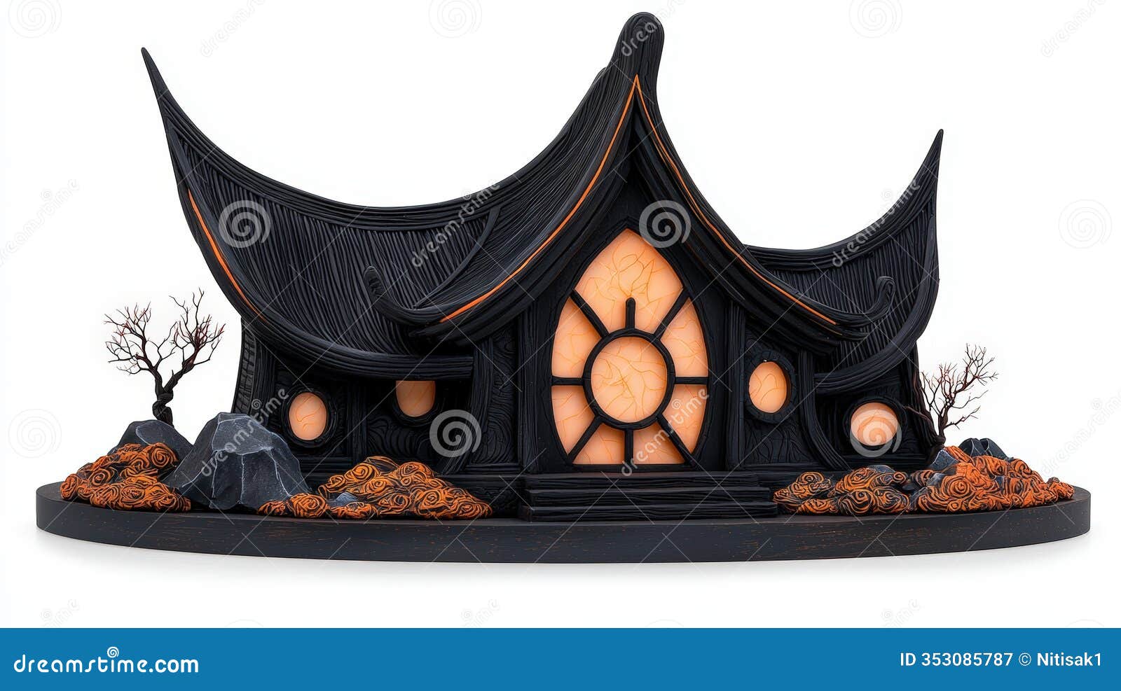 Stylized Black Architectural Structure with Glowing Windows on White ...