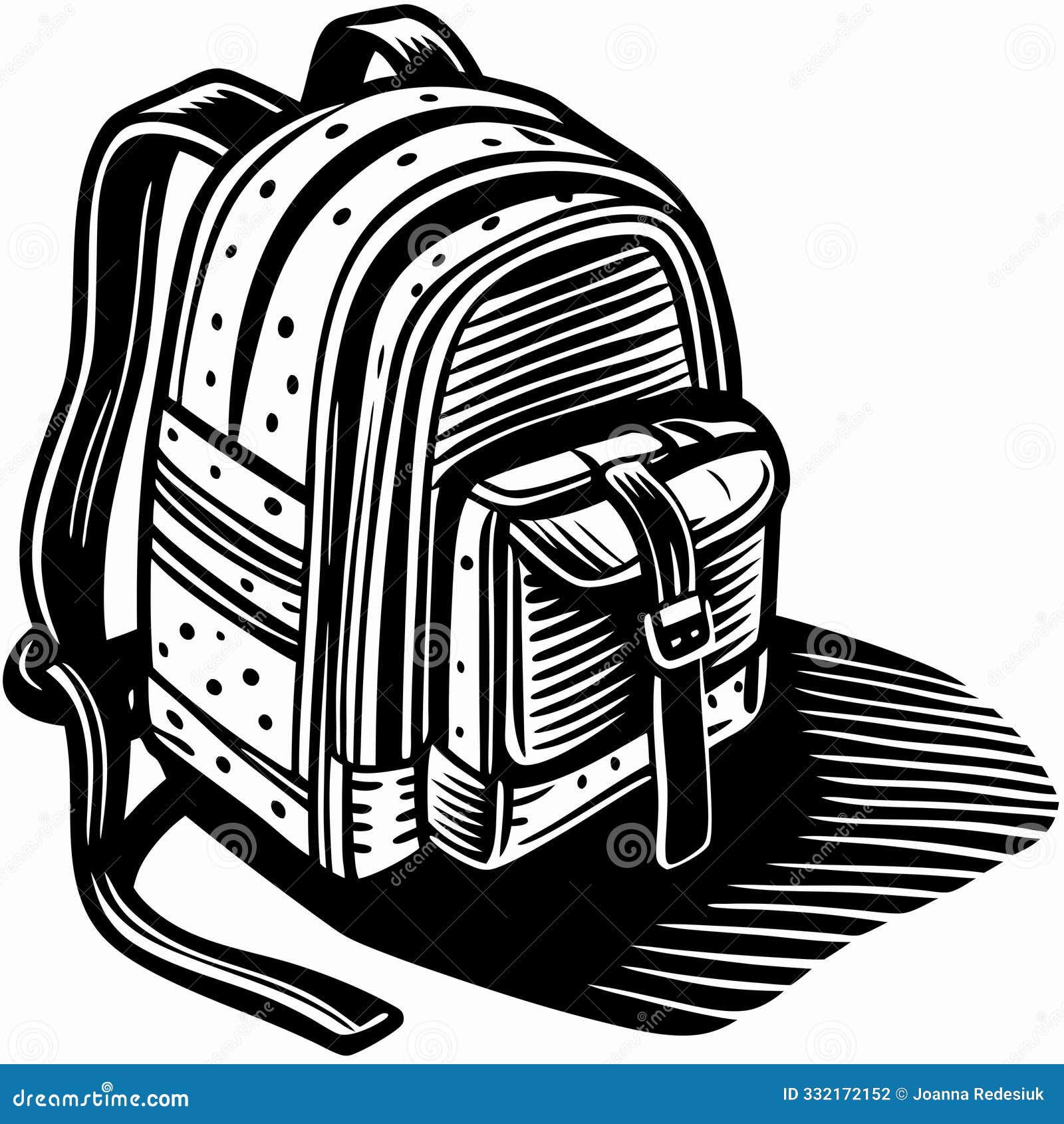 A Stylized Black And White Drawing Of A Backpack Shows Various ...