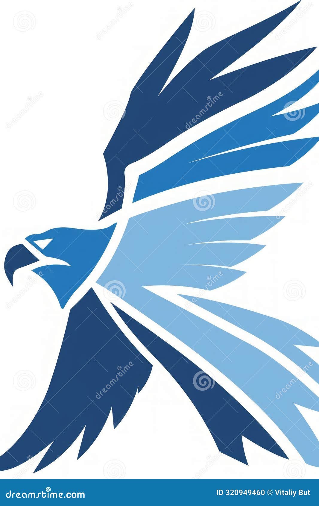 Stylized Blue Hawk with Spread Wings, Soaring Against a White ...