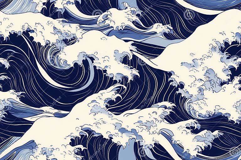 Stylized Blue and White Japanese Wave Pattern Stock Illustration ...