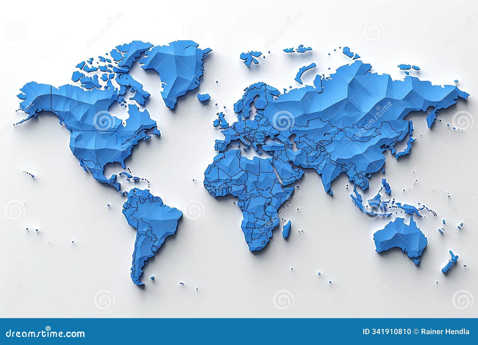 Stylized Blue World Map Showcasing Continents In 3D Relief On A Light ...