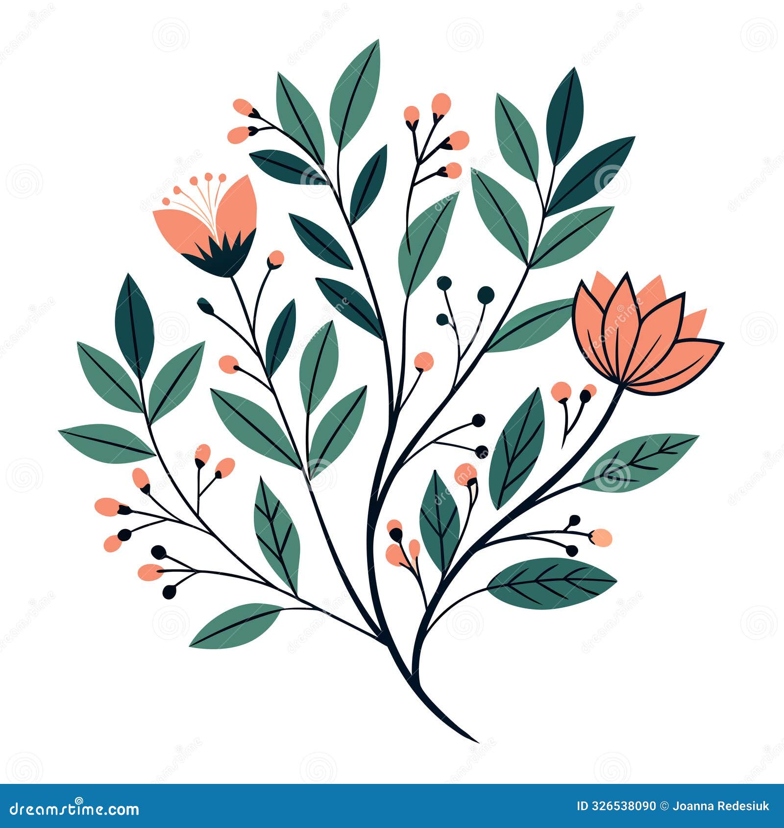 A Stylized Botanical Design Features a Sprig with Green Leaves and Pink ...