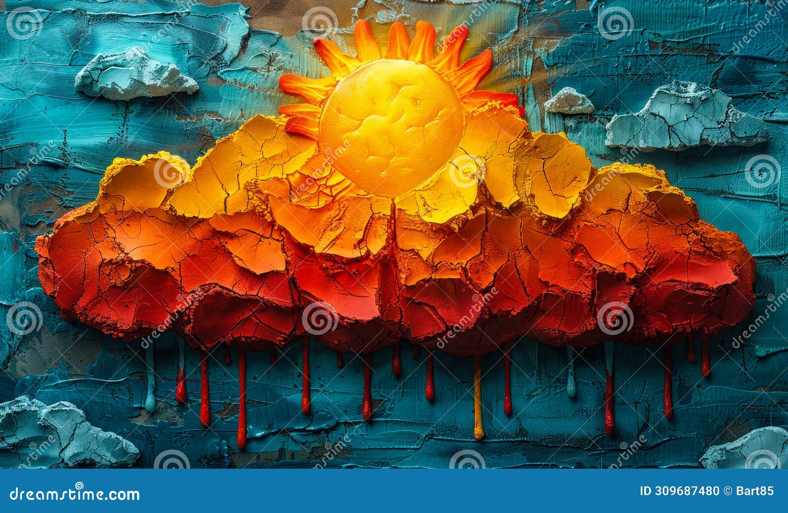 Stylized Brain Shaped Cloud with Sunburst and Dripping Paint ...