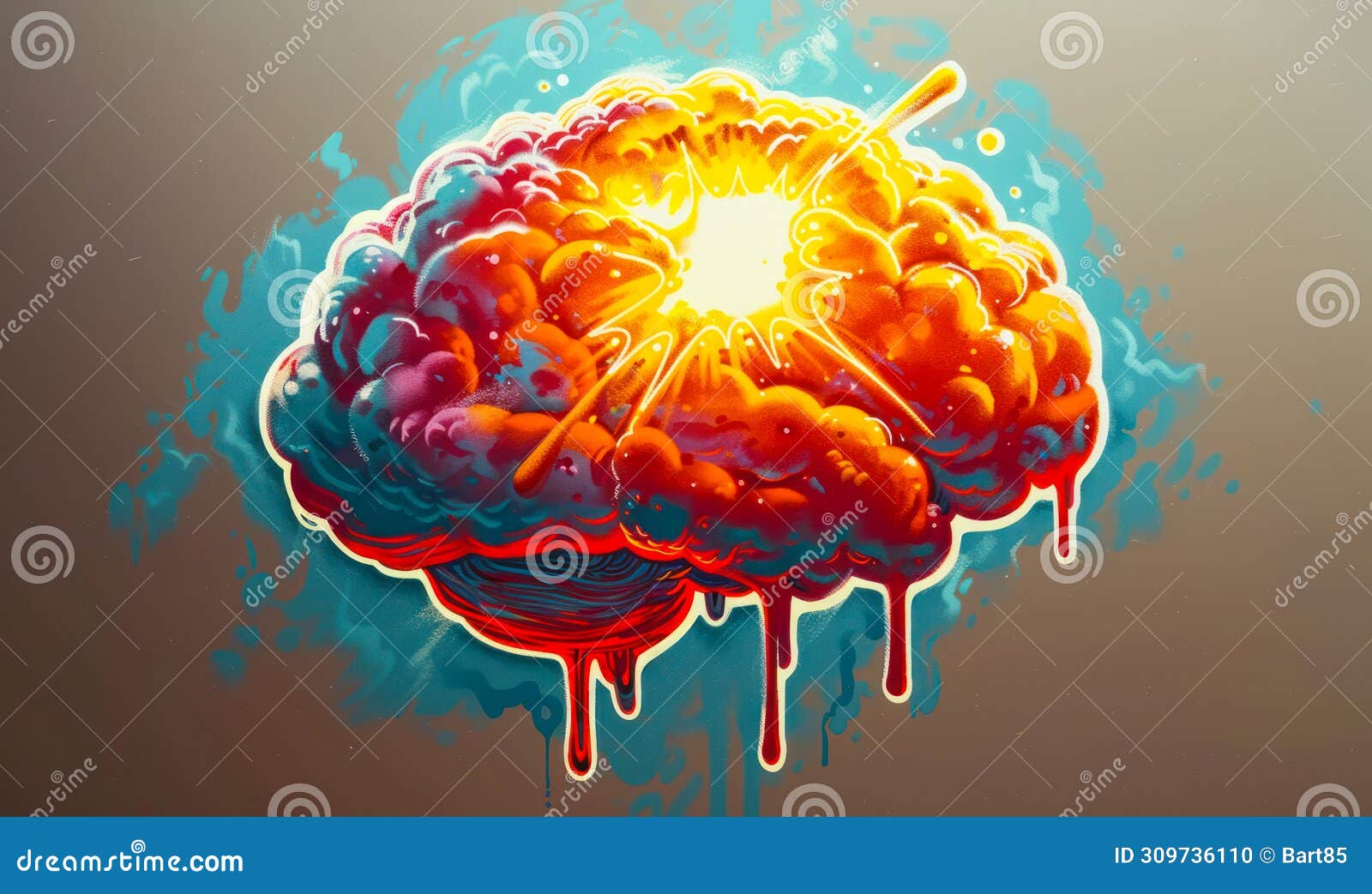 Stylized Brain Shaped Cloud With Sunburst And Dripping Paint ...