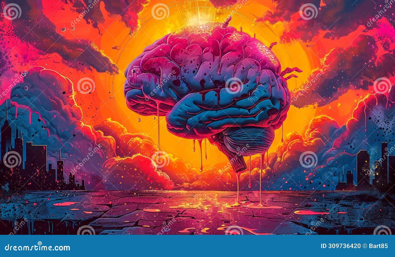 Stylized Brain Shaped Cloud with Sunburst and Dripping Paint ...