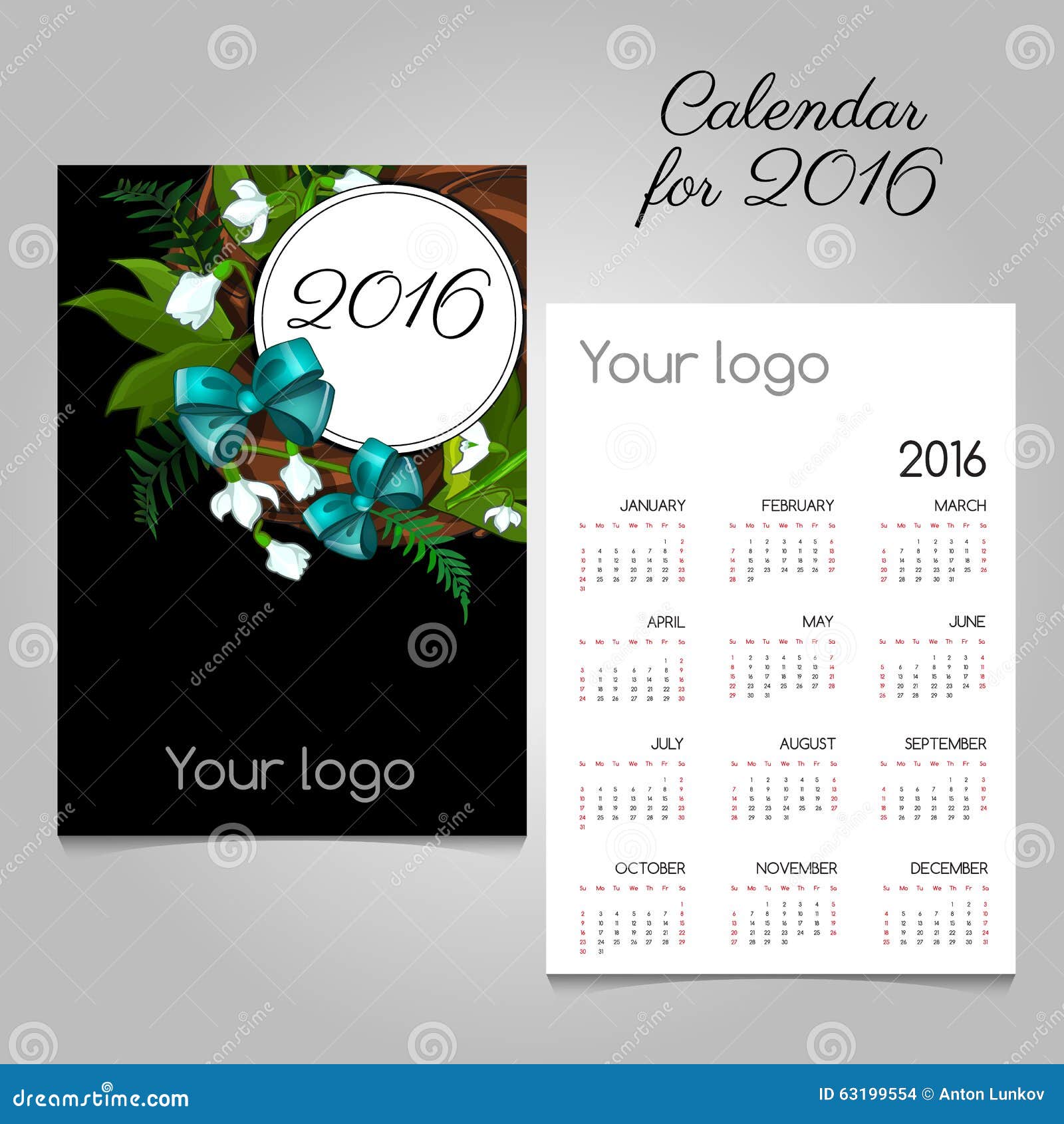 Stylized Calendar 2016 with Floral, Space for Logo Stock Vector ...