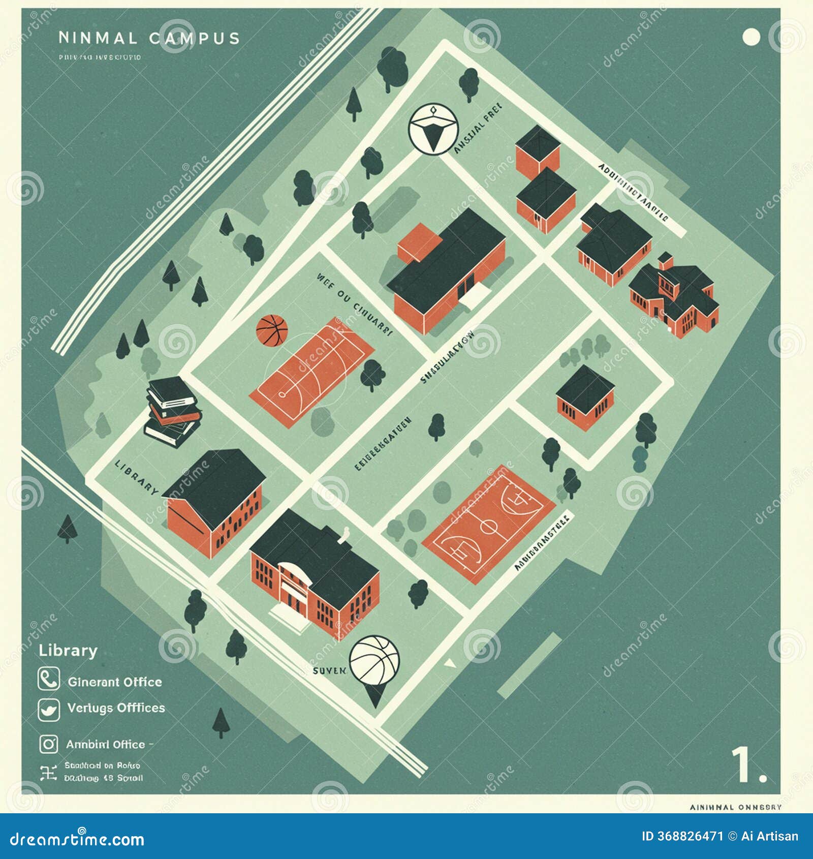 Stylized Campus Map Featuring Various Buildings And Facilities ...
