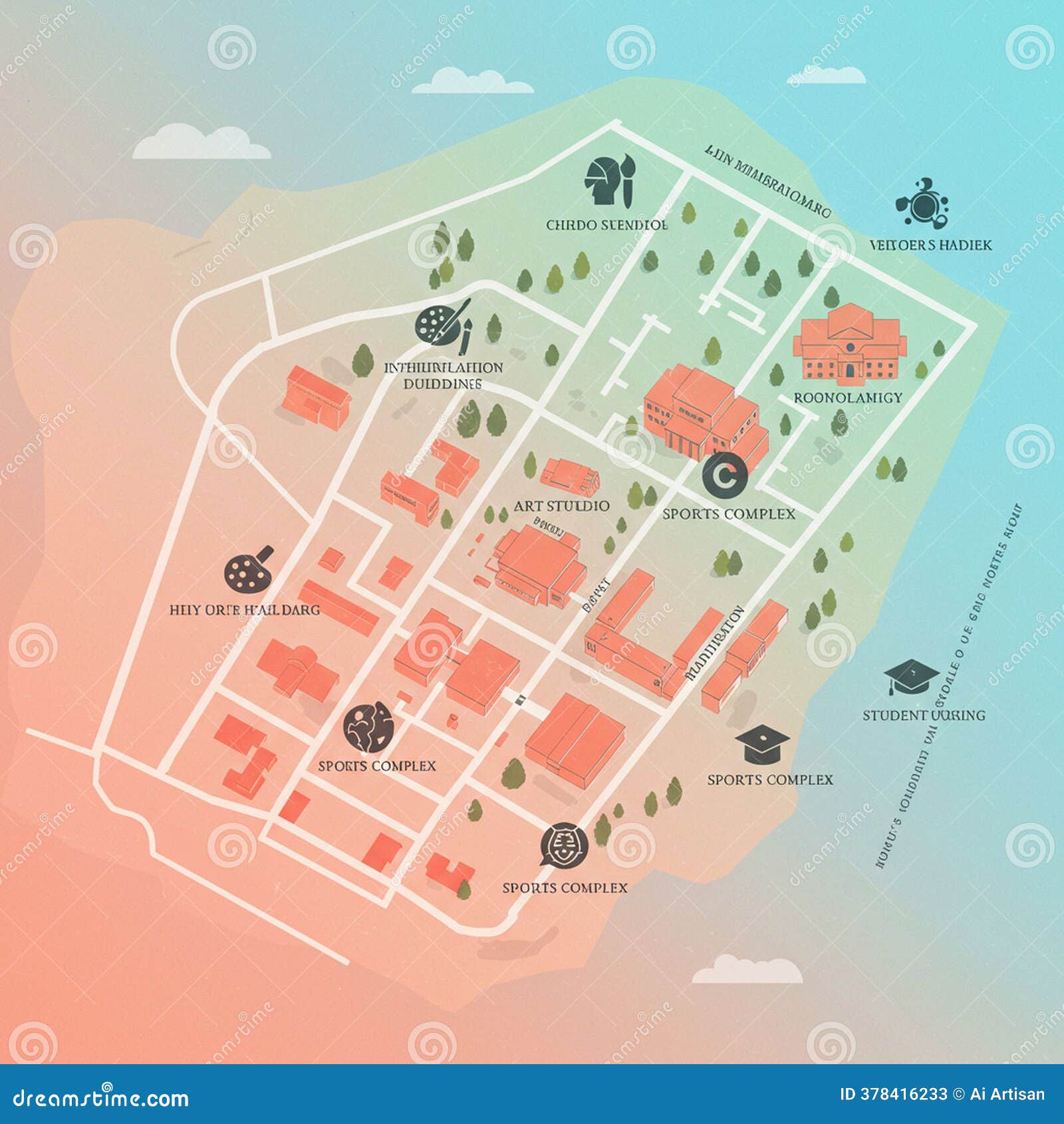 Stylized Campus Map Featuring Various Buildings And Facilities ...