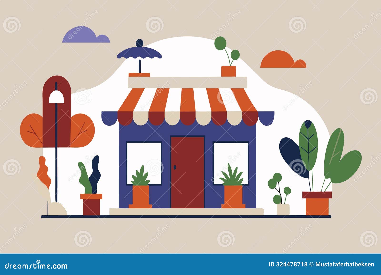 Stylized Cartoon of a Colorful Storefront with Plants Stock ...