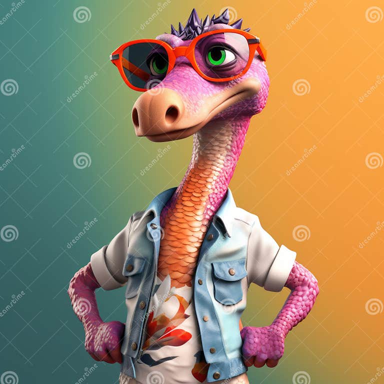 Stylized Cartoon Deinonychus 3d Game Character With Casual Outfit Stock Illustration