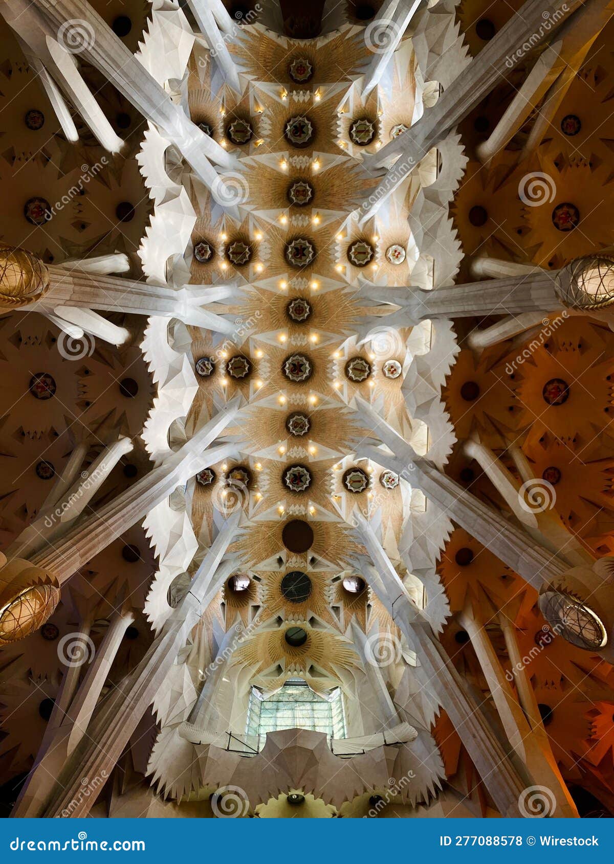 Stylized Cathedral Ceiling Featuring a Tall, Column and a Round Window ...