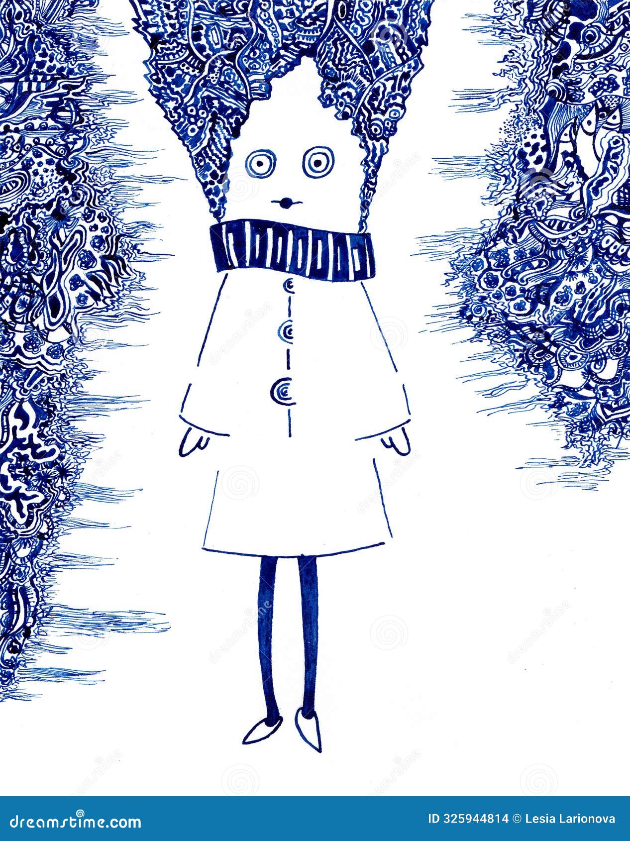 Stylized Character Illustration. Drawing With A Blue Outline. White ...