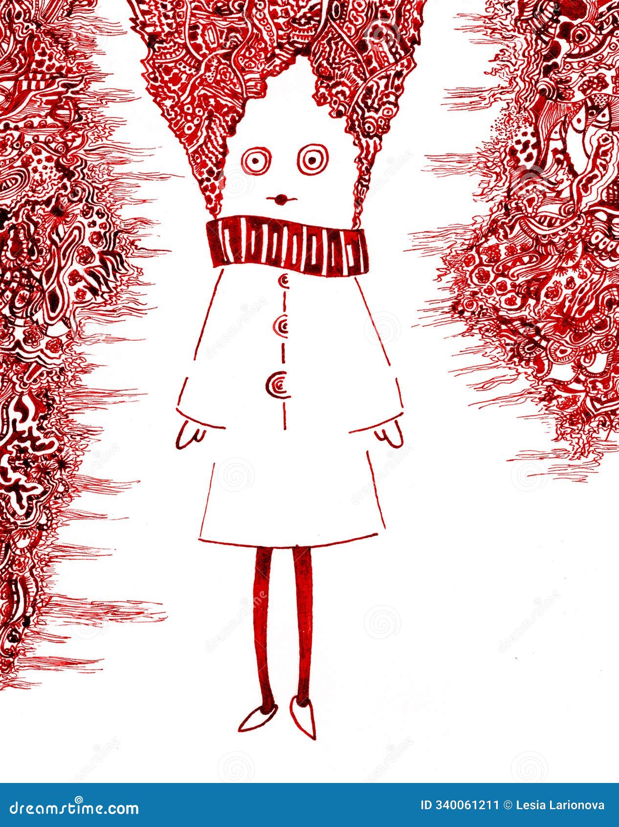 Stylized Character Illustration. Drawing with a Red Outline. White ...