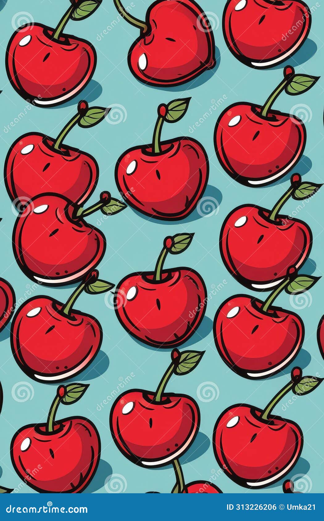 Stylized Cherry Illustrations on Teal Background Stock Photo - Image of ...