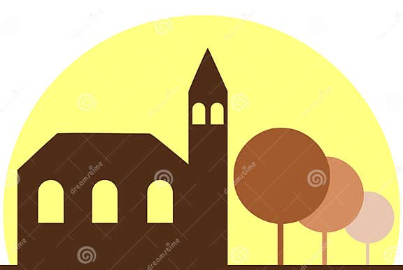Stylized Church with Trees and Sun Isolated Stock Vector - Illustration ...