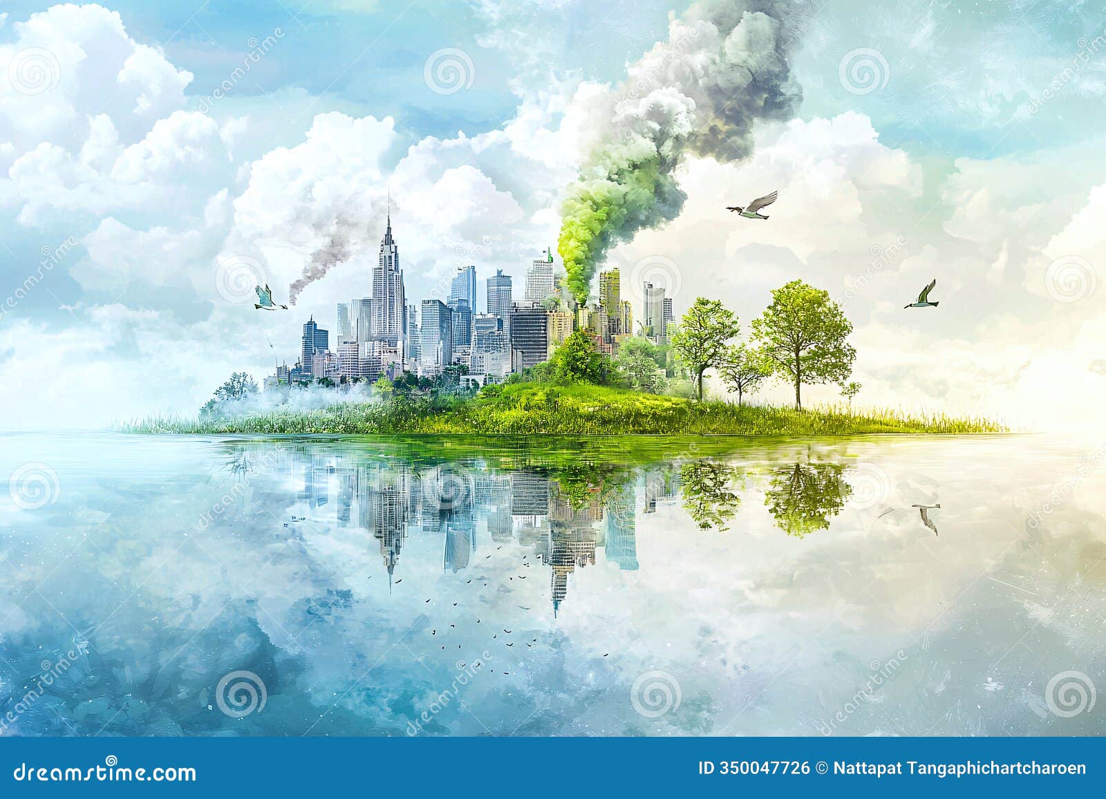 Stylized City Illustration Transitioning from Pollution To Greenery ...