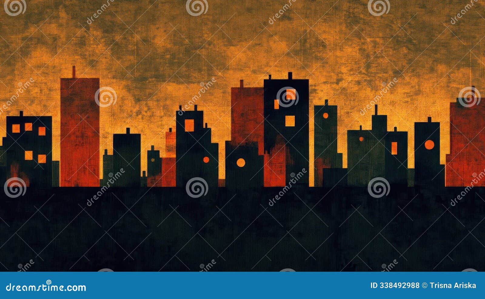 A Stylized City Skyline Silhouette Against a Textured Orange Background ...