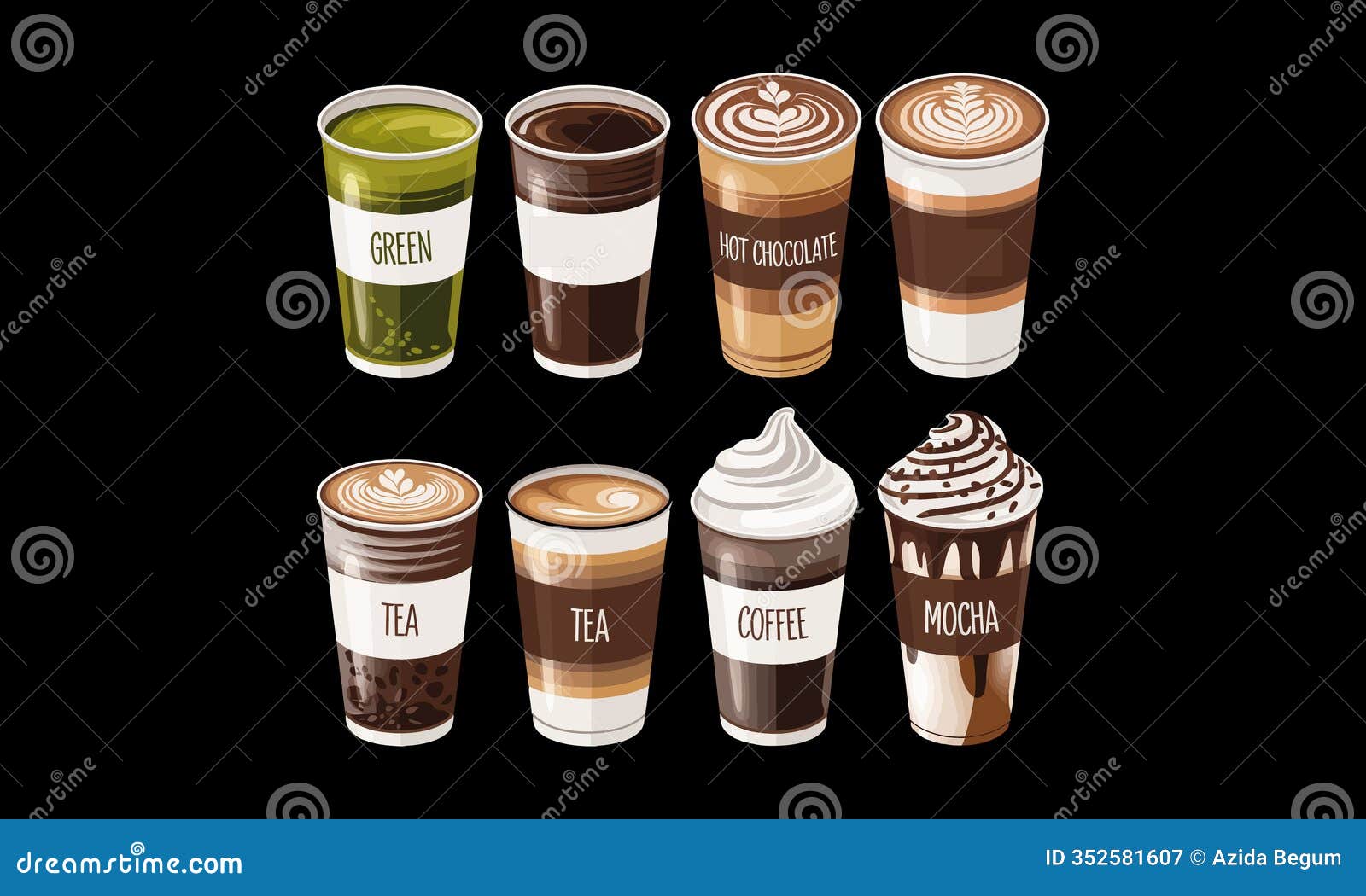 Stylized Coffee and Tea Cups with Labels and Latte Art Stock ...
