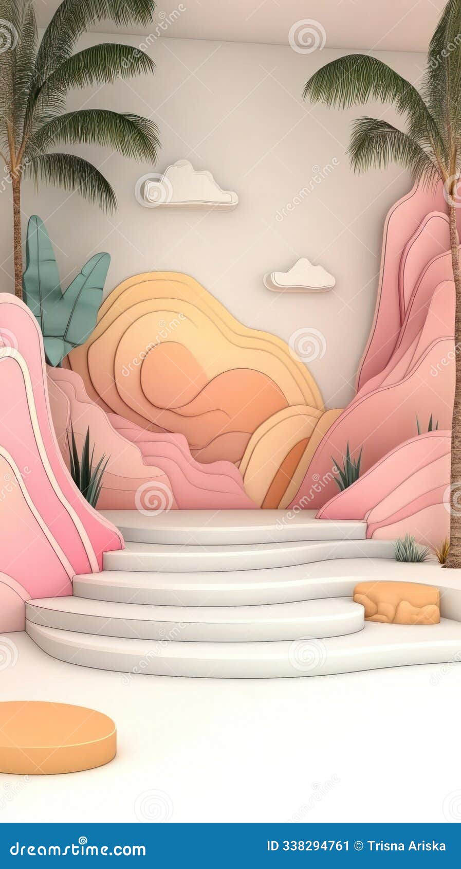 A Stylized, Colorful Backdrop Featuring Abstract Hills, Steps, and ...